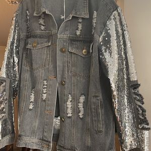 MACARON | Jackets & Coats | Wash Gray Sequin Sleeves Denim Jacket | Poshmark